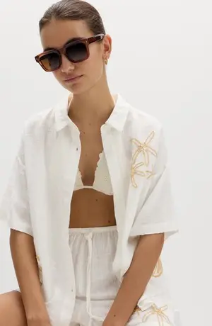M&s Embroidered Beach Button-up Shirt