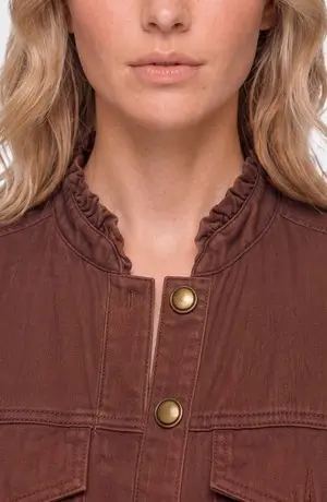 LIVERPOOL Puff Sleeve Ruffle Trim Trucker Jacket - Carob Brown