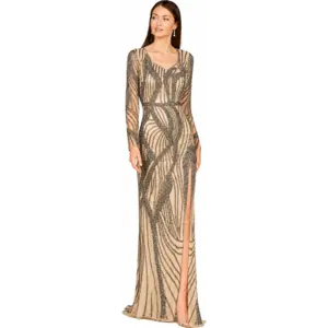 LARA NEW YORK Cascading Beads Long Sleeve Dress - Nude