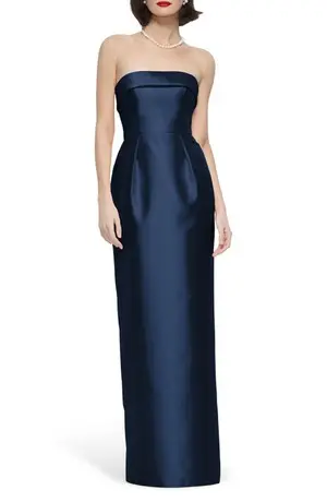 Alfred Sung Strapless Satin Column Gown - Midnight