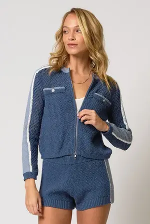 Central Park West Raya Mixed Stitch Zip Cardigen - Navy