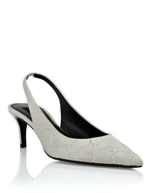 Philipp Plein Satin Slingback Shoes Low Heels Monogram Strass - Beige