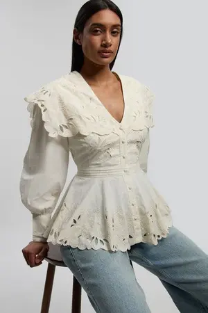Karen Millen Cutwork Detail V-neck Peplum Blouse
