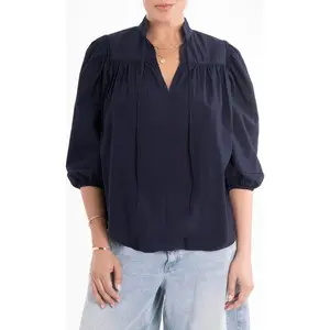 OCEAN+MAIN Cotton Tie Neck 3/4 Sleeve Top - Navy