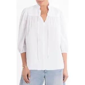OCEAN+MAIN Cotton Tie Neck 3/4 Sleeve Top - White