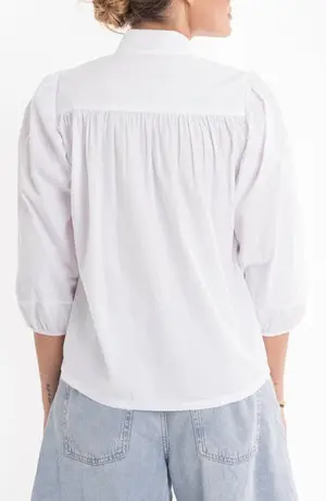 OCEAN+MAIN Cotton Tie Neck 3/4 Sleeve Top - White