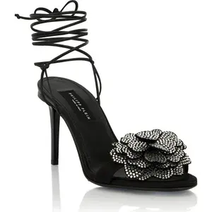 Philipp Plein Lace-up High Heels Sandals Strass Flower 9 - Black