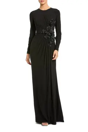 Mac Duggal Long Sleeve High Neck Floral Beaded Jersey Gown