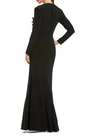 Mac Duggal Long Sleeve High Neck Floral Beaded Jersey Gown