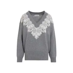 Alberta Ferretti Fine Knit V-neck Sweater With Lace Appliqu - Multicolor