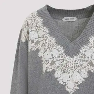 Alberta Ferretti Fine Knit V-neck Sweater With Lace Appliqu - Multicolor