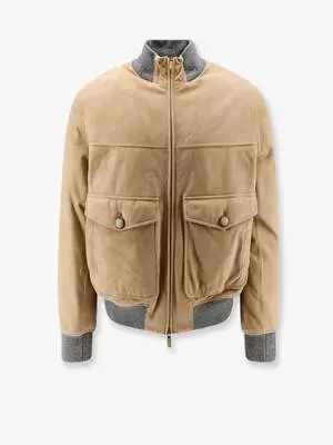 Brunello Cucinelli BRUNELLO CUCINELLI Padded Suede Bomber Jacket With Ribbed Cashmere Trim Cream