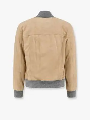 Brunello Cucinelli Padded Suede Bomber Jacket With Ribbed Cashmere Trim - Cream
