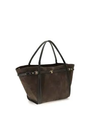 TOD'S Suede Tote Bag With T Timeless Detail - Brown