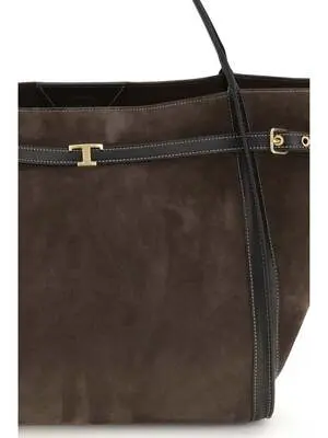 TOD'S Suede Tote Bag With T Timeless Detail - Brown