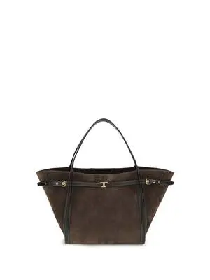 TOD'S Suede Tote Bag With T Timeless Detail - Brown