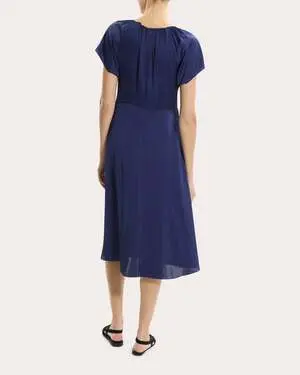 Theory Satin Gathered Notch Midi Dress