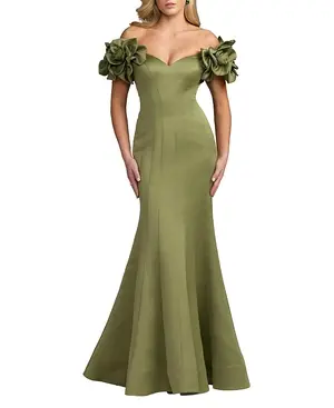 Mac Duggal Satin Off-the-shoulder Floral Detail Trumpet Gown - Pear