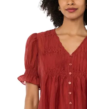Vince Camuto Pintuck Puff Sleeve V Neck Top
