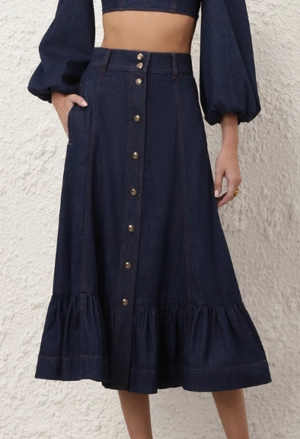 Zimmermann Aster Denim Frill Midi Skirt