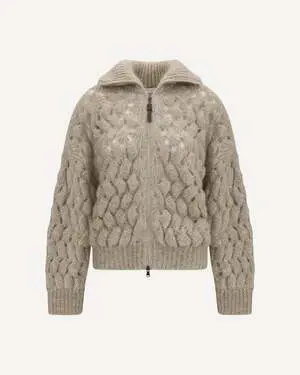 Brunello Cucinelli Mohair And Wool Blend Cardigan With Sequin Details - Beige