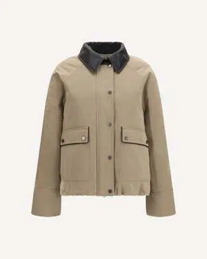 Brunello Cucinelli Padded Down Jacket With Leather Collar - Beige