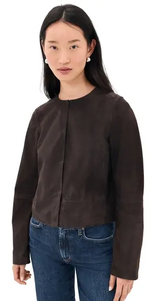 Vince Collarless Cropped Suede Jacket - Iron