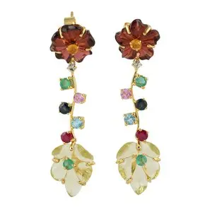 ARTISAN Carved Multi-gemstone Floral Drop Earrings In 18k Gold