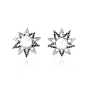 ARTISAN White / Black Pearl & Black Diamond Starburst Stud Earrings In 18k White Gold - White/black