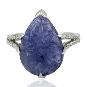 ARTISAN Blue / White 18k White Gold Carved Tanzanite & Diamond Flower Ring - Blue/white