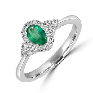 ARTISAN White / Green Diamond And Oval Emerald Halo Ring In 18k White Gold - White/green