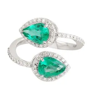 ARTISAN Double Pear-cut Emerald And Diamond Halo Open Ring In 18k White Gold - White/green