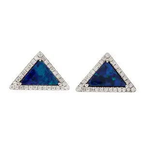 ARTISAN Triangle Opal And Diamond Halo Stud Earrings In 18k White Gold - Blue/white