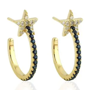 ARTISAN Yellow / White / Blue Blue Sapphire & Diamond Star Hoop Earrings In 18k Yellow Gold - Yellow/white/blue
