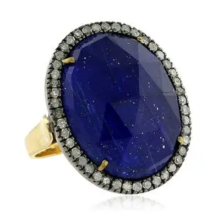 ARTISAN Gold / Blue Lapis Lazuli & Diamond Halo Statement Ring In Silver And 18k Gold - Gold/blue