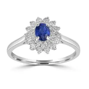 ARTISAN White / Blue Oval Blue Sapphire & Diamond Floral Cluster Ring In 18k White Gold - White/blue