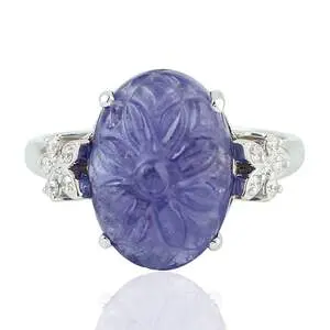 ARTISAN 18k White Gold Carved Tanzanite And Diamond Oval Ring - Blue/white