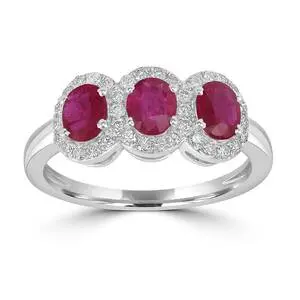 ARTISAN White / Pink Three-stone Ruby & Diamond Halo Ring In 18k White Gold - White/pink