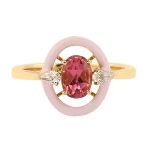 ARTISAN Pink Tourmaline And Diamond Ring With Enamel In 18k Yellow - Gold