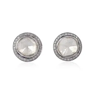 ARTISAN White / Gold Rose Cut Diamond & Diamond Halo Stud Earrings In 18k White Gold - White/gold