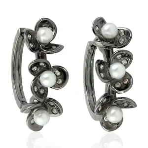 ARTISAN Pearl & Diamond Floral Hoop Earrings In 18k Oxidized Gold - White