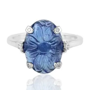 ARTISAN White / Blue 18k White Gold Carved Tanzanite & Diamond Floral Ring - White/blue