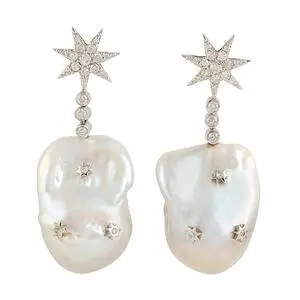 ARTISAN Baroque Pearl & Diamond Star Drop Earrings In 18k Gold - White