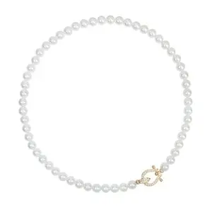Arte Madrid Freshwater Shell Pearl Necklace With Paved Horseshoe Clasp - Gold
