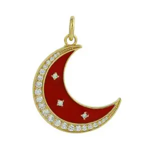 ARTISAN White / Red / Gold Diamond Crescent Moon Pendant In 14k Yellow Gold With Red Enamel - White/red/gold