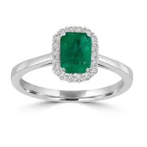 ARTISAN White / Green Emerald-cut Emerald & Diamond Halo Ring In 18k White Gold - White/green