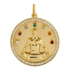 ARTISAN White / Gold Meditating Buddha Multi-gemstone & Diamond Halo Pendant In 14k Yellow Gold - White/gold