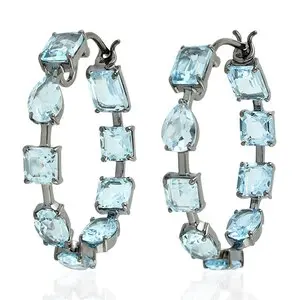 ARTISAN Blue / Grey 18k White Gold Blue Topaz Gemstone Hoop Earrings - Blue/grey