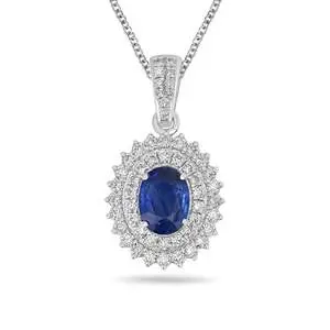 ARTISAN Oval Blue Sapphire And Diamond Double Halo Pendant In 18k White Gold - White/blue