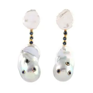 ARTISAN Blue / White / Gold 18k Gold Baroque Pearl & Blue Sapphire Drop Earrings - Blue/white/gold